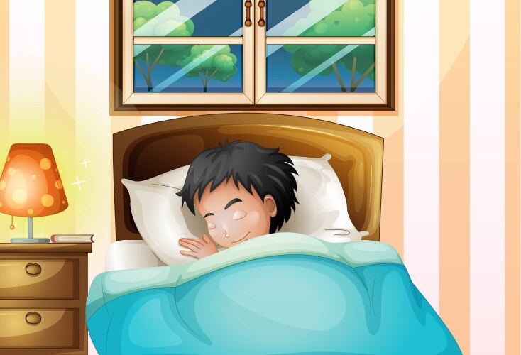 Cartoon smile little boy sleeping in the bed Vector Image