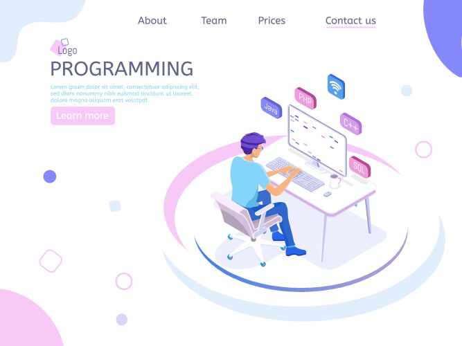 Landing page template of 3d programming codes Vector Image