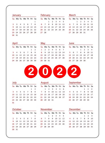 2022 year calendar isolated on white background Vector Image