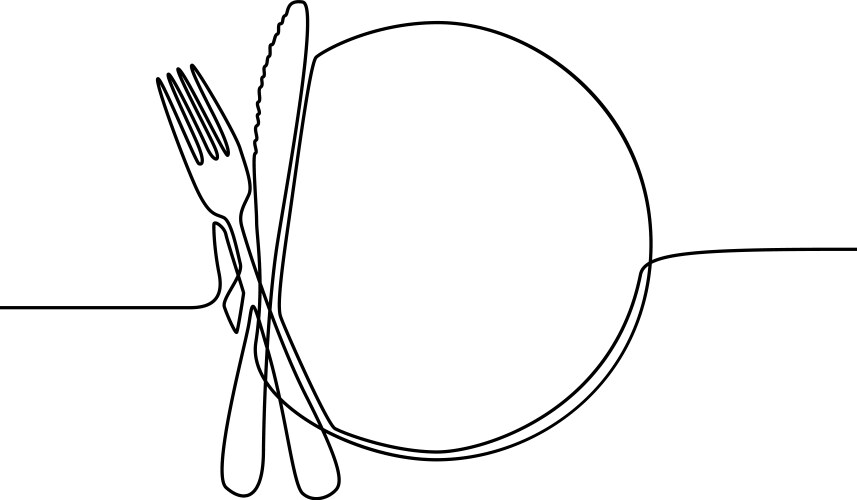 Continuous one line plate with fork and knife Vector Image