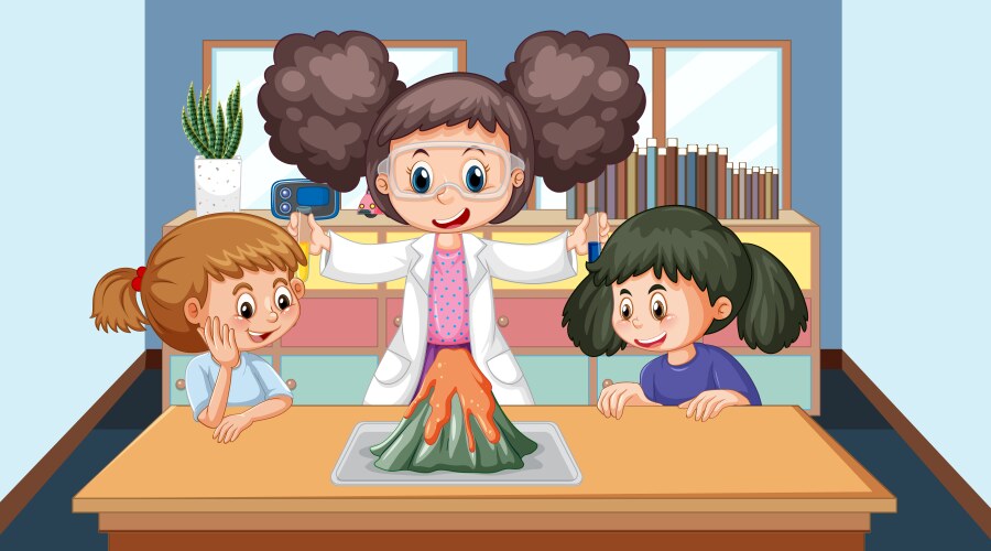 Cartoon boy scientist doing volcano experiment Vector Image