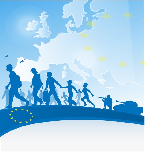 Immigration people walk under world map background