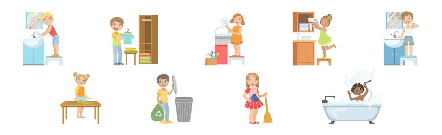 Kid character doing housework and helping Vector Image