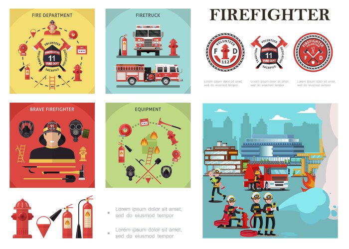 Flat set of firefighting items fireman Royalty Free Vector