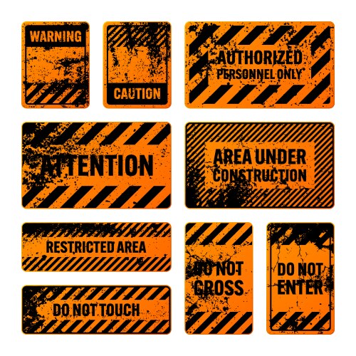 Orange grunge warning signs with diagonal lines Vector Image
