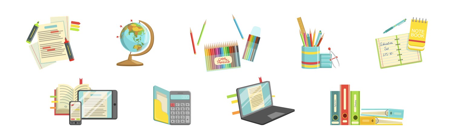Study and school supply object set Royalty Free Vector Image