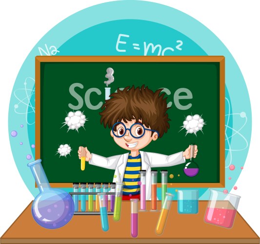 Scientist kids cartoon character with laboratory Vector Image