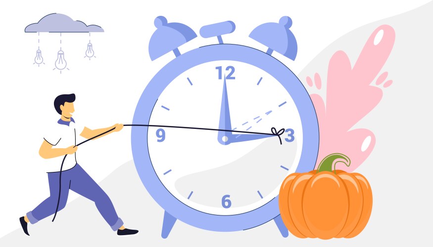 Groovy style clock character fall back daylight Vector Image