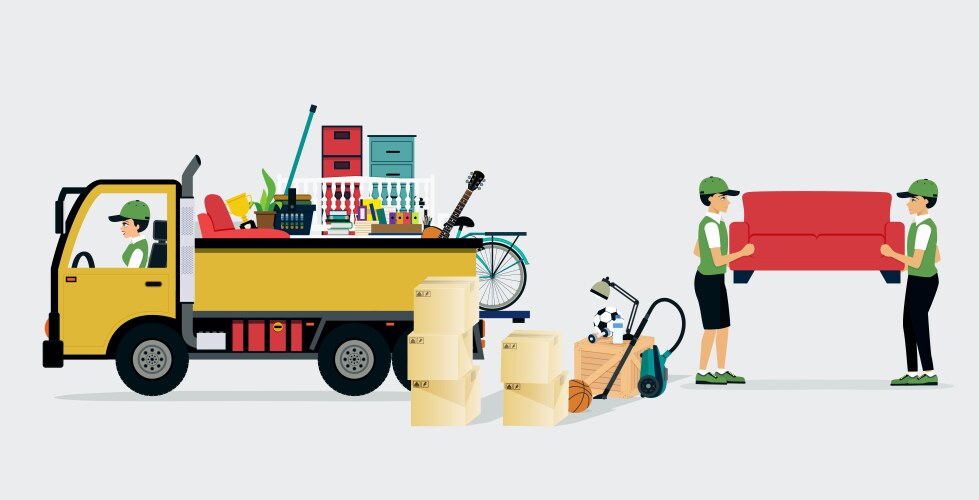 Movers carrying couch moving service workers Vector Image