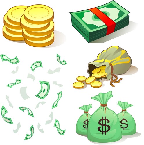 Cartoon money and coins green dollar banknotes Vector Image