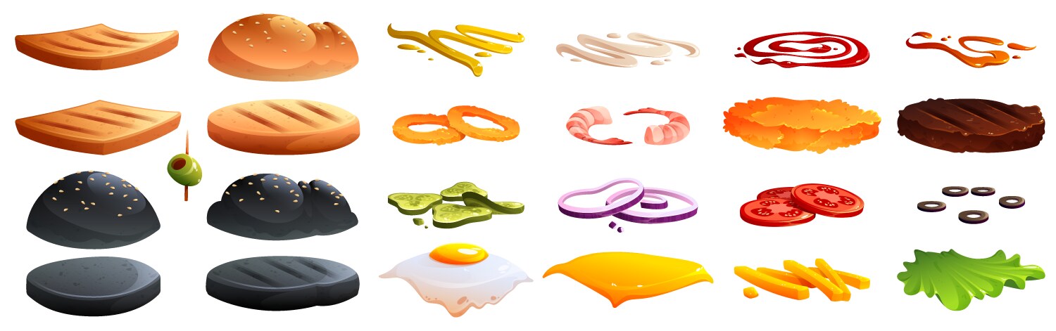 Cartoon burger ingredients hamburger chop bun Vector Image