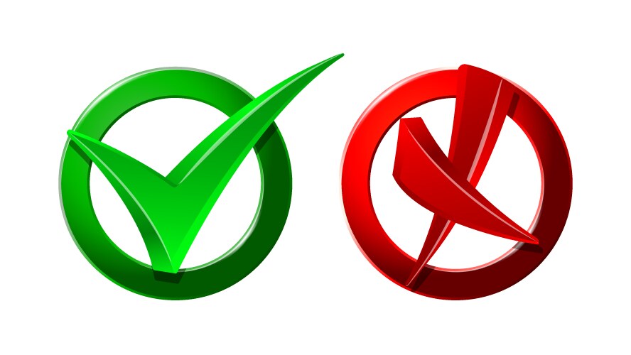 Icons check mark tick and cross cancel Royalty Free Vector