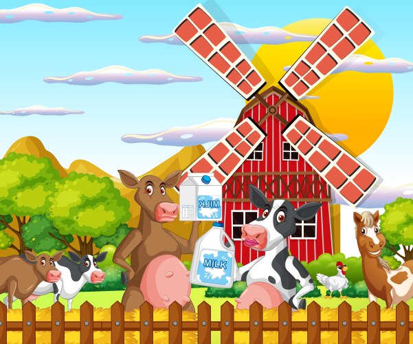 Outdoor cow farm scene with happy animals cartoon Vector Image
