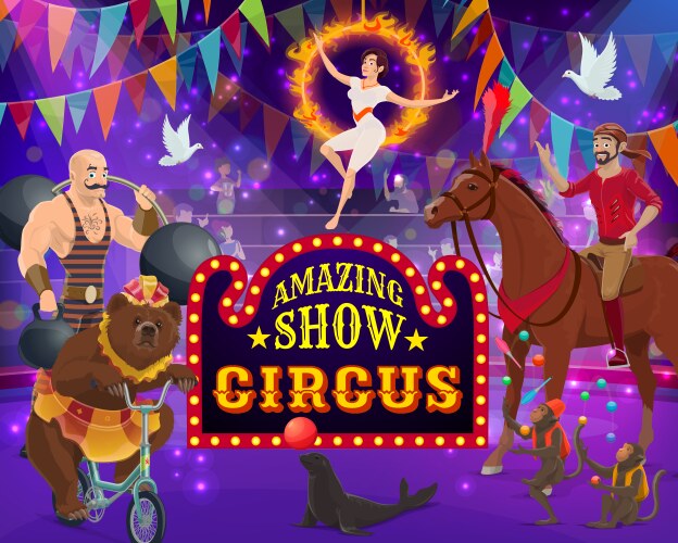 Circus show poster with big top on dark background