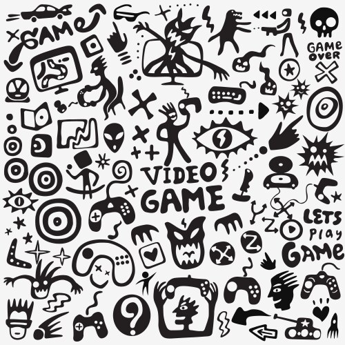 Video game doodle icon set design element Vector Image
