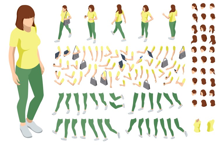 Isometric brown-haired woman character constructor