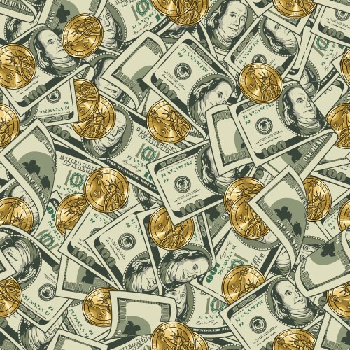 Pattern with 100 us dollar bills gold coins Vector Image