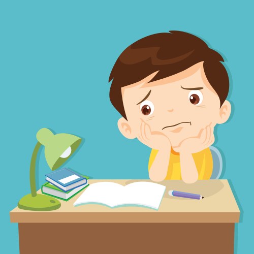 Stressed boy doing hard homework Royalty Free Vector Image