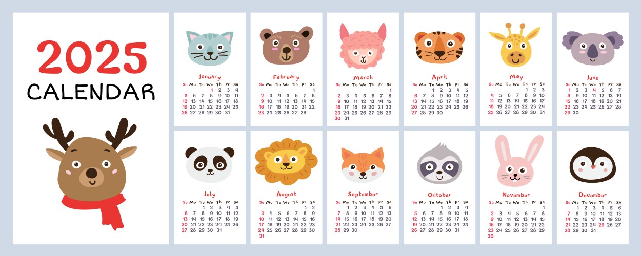 2025 calendar with cute animals yearly planner Vector Image