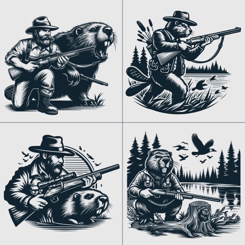 Beaver hunting wild bear Royalty Free Vector Image