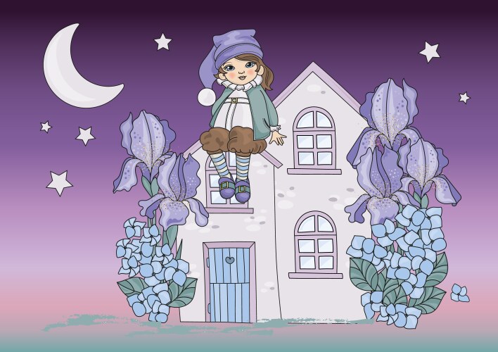 Cartoon sleeping moon with flower wreath Vector Image