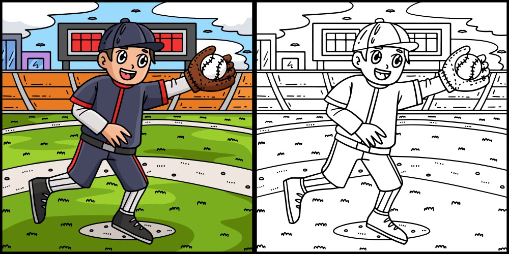 Baseball boy pitching coloring page Royalty Free Vector
