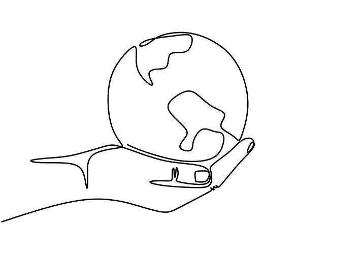 Minimalist line drawing of hands holding planet Vector Image