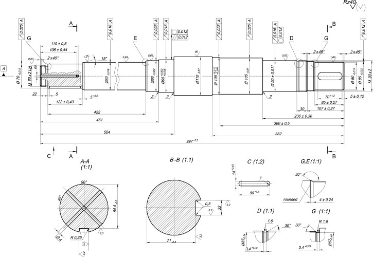 Shaft sketch with hatching engineering drawing Vector Image