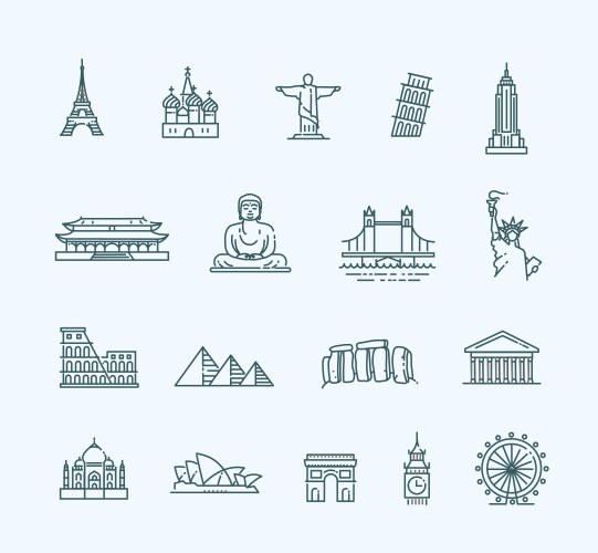 World landmarks signs black thin line icon set Vector Image