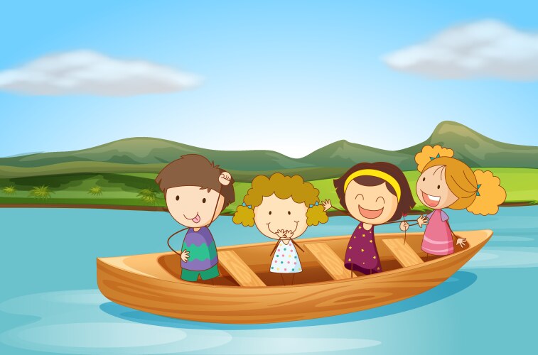 Kids riding a motor boat in the ocean Royalty Free Vector