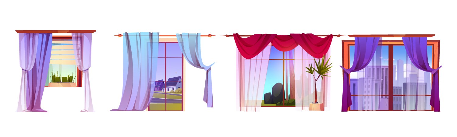 Windows with curtains and different views outside Vector Image