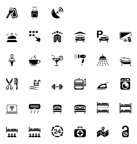 Tourism hotel simple black icons Royalty Free Vector Image