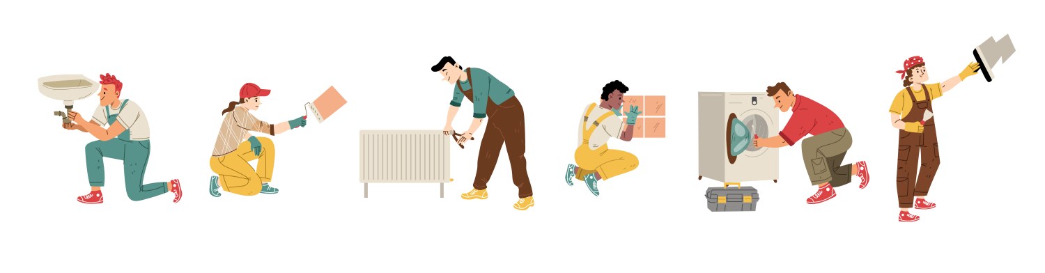 Multitasking handyman cartoon character wearing Vector Image