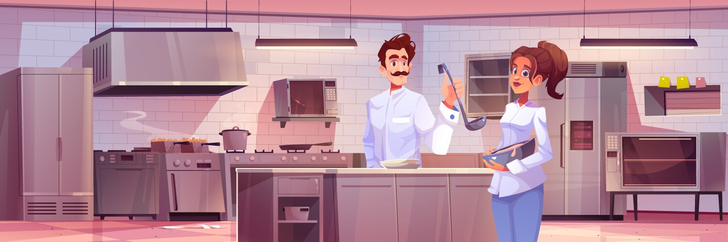 Restaurant kitchen interior with chef staff Vector Image