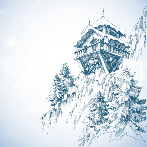 Alpine landscape sketch mountain cabin pine tree Vector Image
