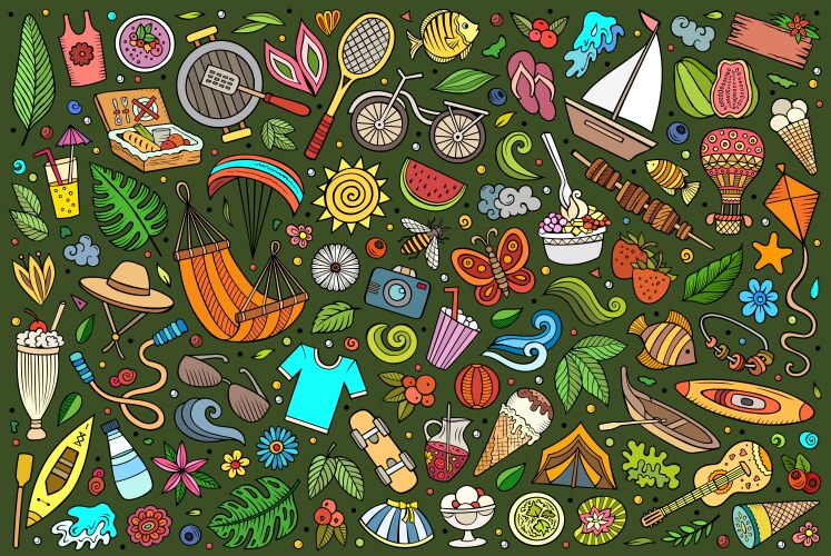 Doodle cartoon set of summer theme objects Vector Image