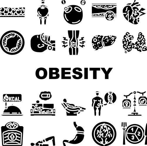 Obesity overweight fat belly icons set Royalty Free Vector