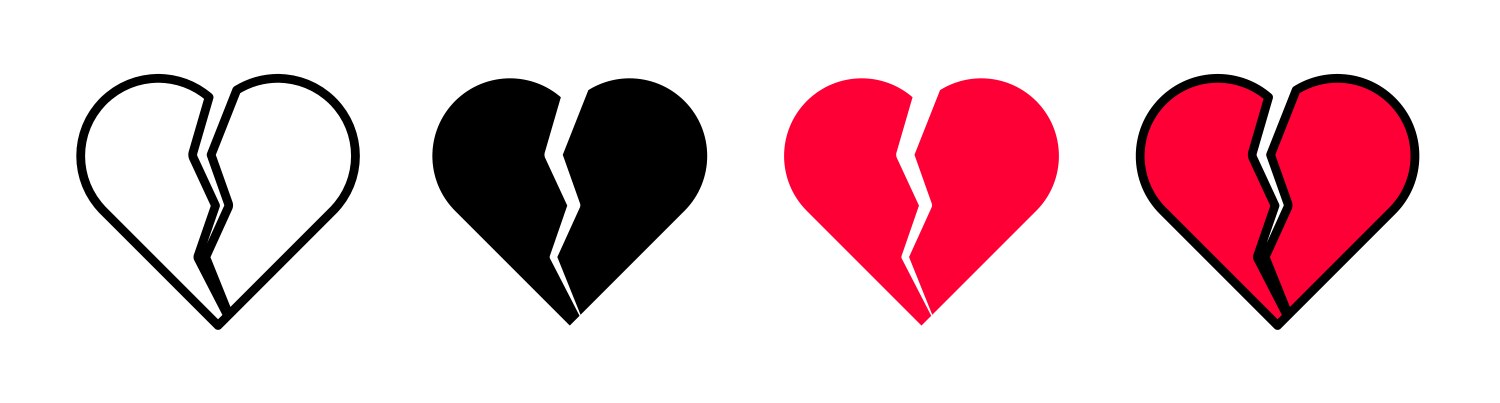 Broken heart icon set with crack symbol Royalty Free Vector