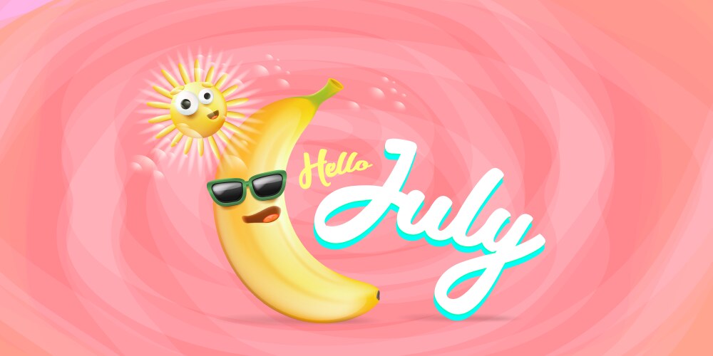Hello july horizontal banner with cartoon sun Vector Image