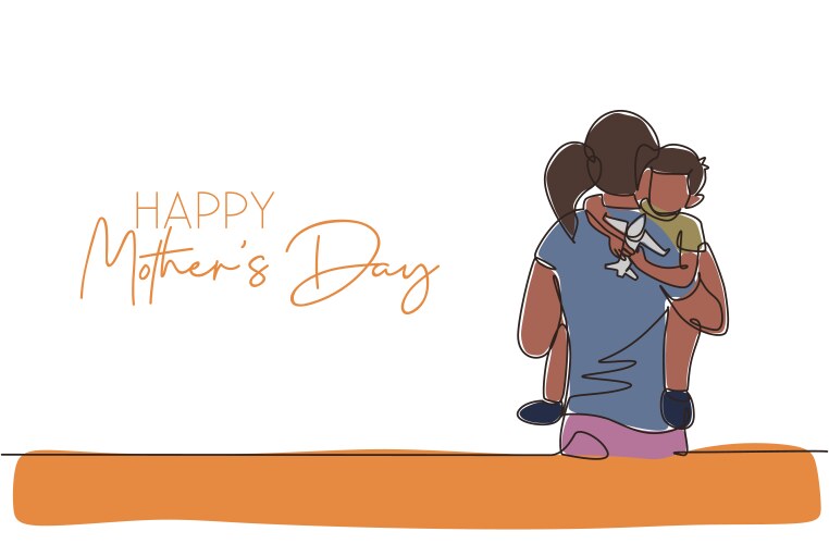 One single line drawing young happy mom and her Vector Image