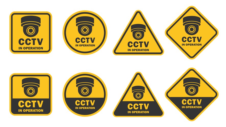 Warning yellow black sign set security cameras Vector Image