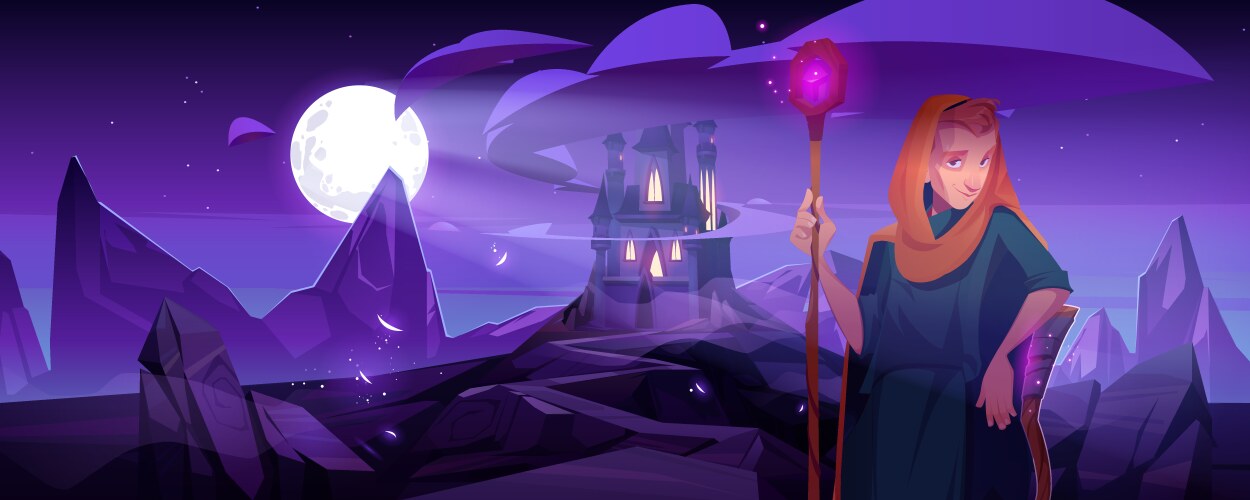 Wizard with magic staff stand at night landscape Vector Image