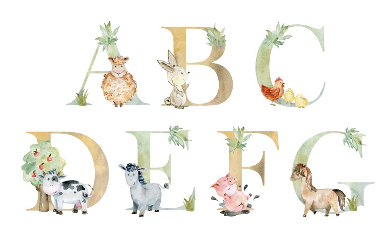 Watercolor farm animals letters Royalty Free Vector Image