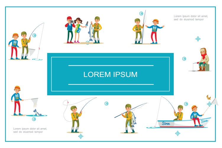 Fisherman fishing tackle fish and boat Royalty Free Vector