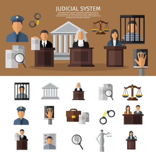 Judicial system icons set Royalty Free Vector Image
