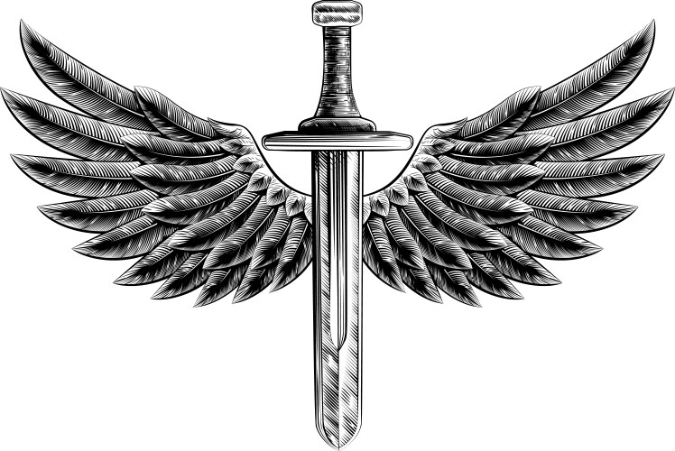 Angel Wings Drawing Sword A Black And White Logo Of A Guardian Angel