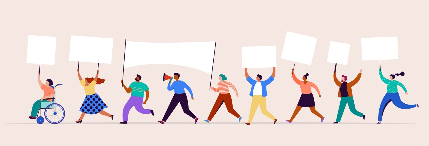 Crowd protesters holding banners and placards Vector Image