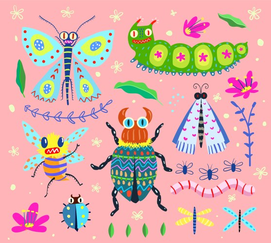 Ladybug hand drawn insect set Royalty Free Vector Image