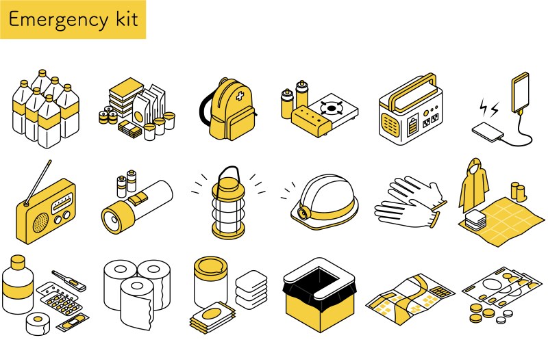 Simple line drawing of emergency kit isometric set