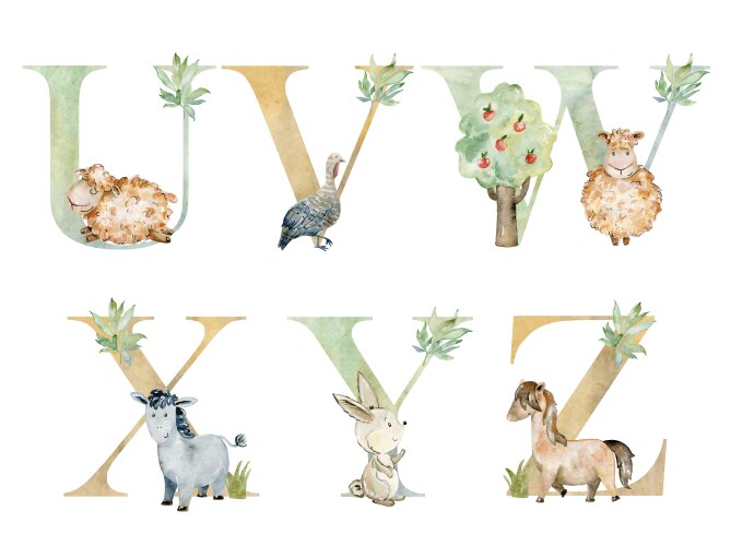 Watercolor farm animals letters Royalty Free Vector Image